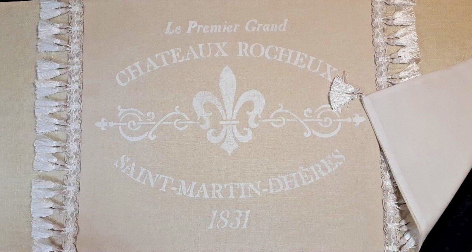 Custom Made Large French Country Chateaux Script Linen and White Burlap ...