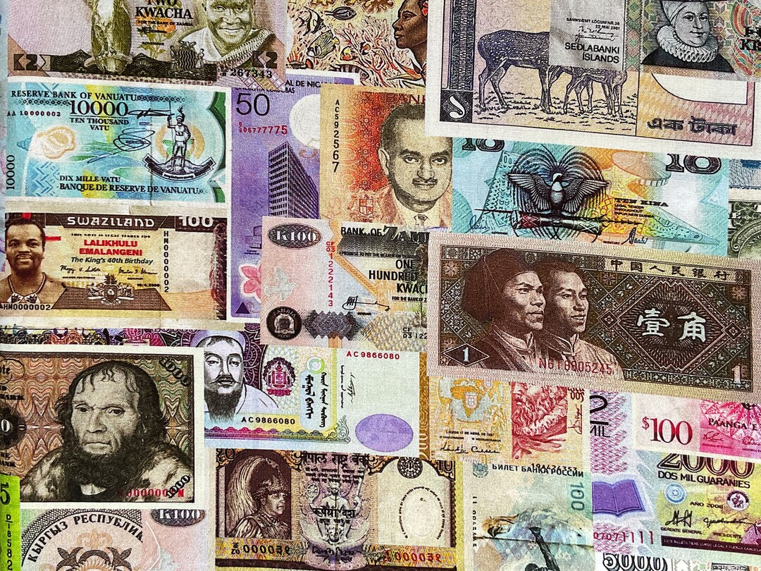 International Cash Money Bank Notes Stamps Designer Novelty Fabric 100% ...