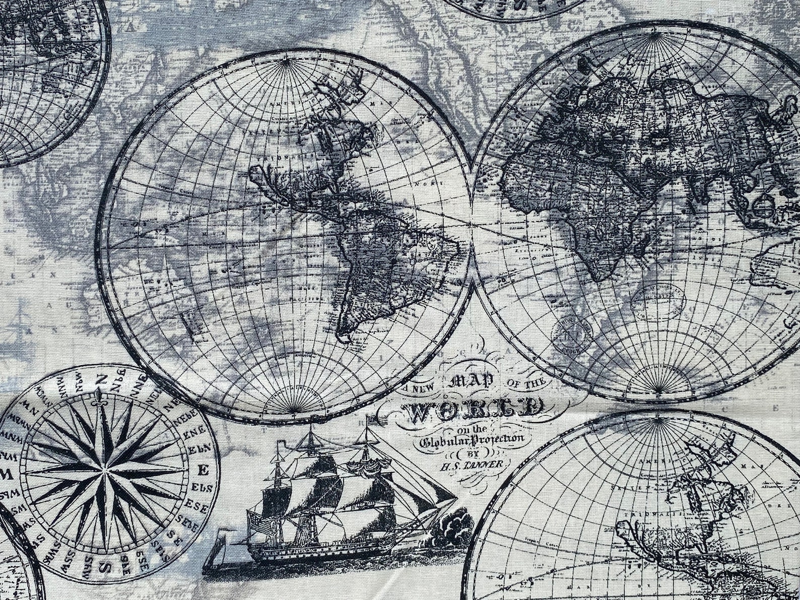 Map of the World Ship Art Science Cartography Education David Textiles ...