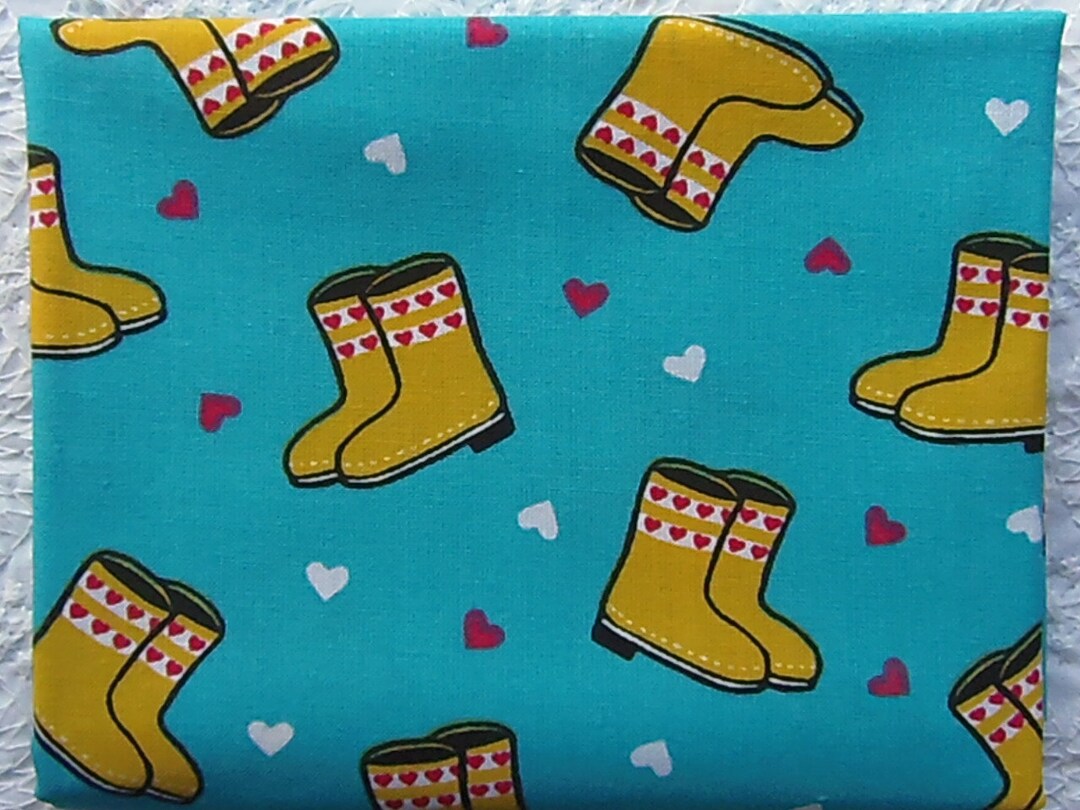 Yellow & Turquoise Rain Boots Novelty Quilter's Showcase Fabric 100% ...