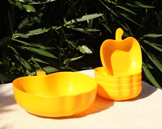 Vintage 70's Apple Shaped Yellow Plastic BASF Luran Large Bowl & 5 ...