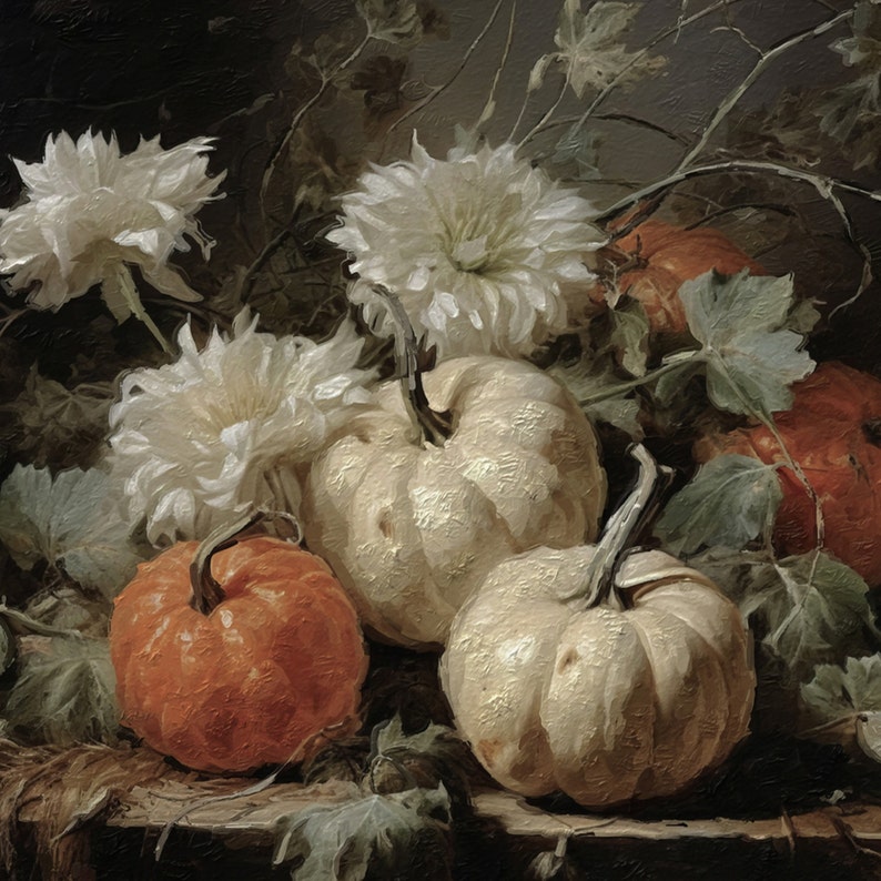 Pumpkin Still Life Painting, Rustic Fall Digital Wall Art, Autumn Wall ...