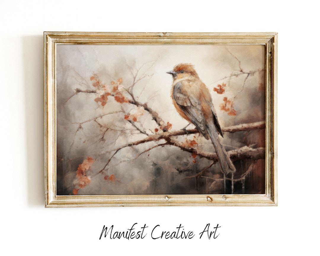Bird on Tree Painting, Rustic Fall Digital Wall Art, Autumn Wall Print ...