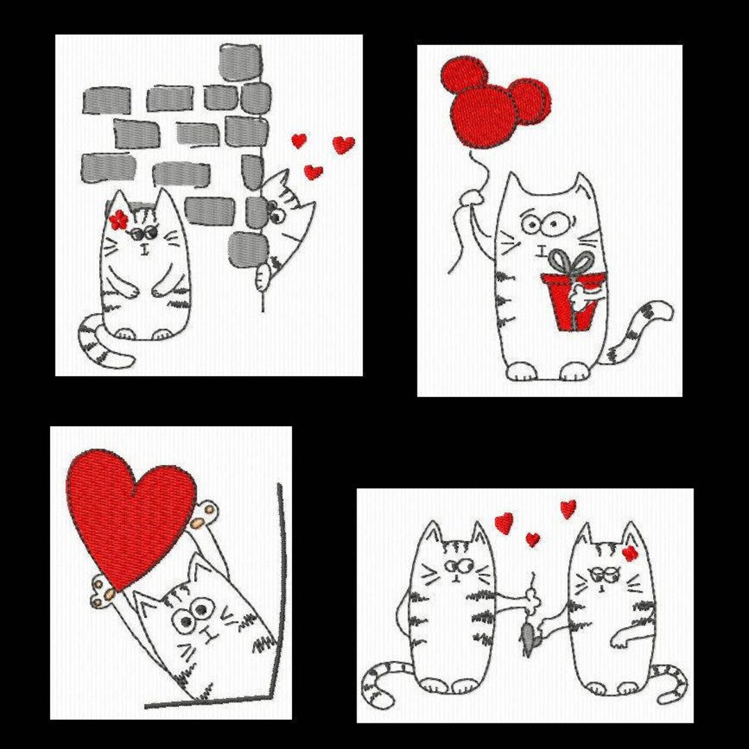 4 Redwork Embroidery Designs of Cats in Love for 4x4 Embroidery Machine ...