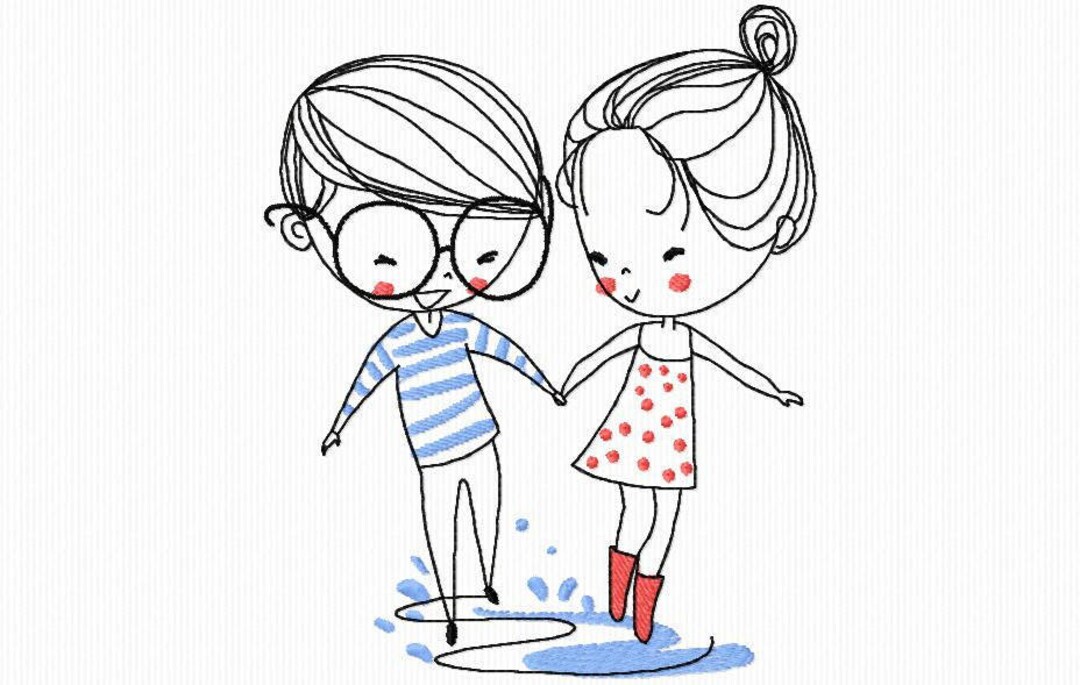 Embroidery Design of a Young Couple Jumping in a Puddle for Machine ...