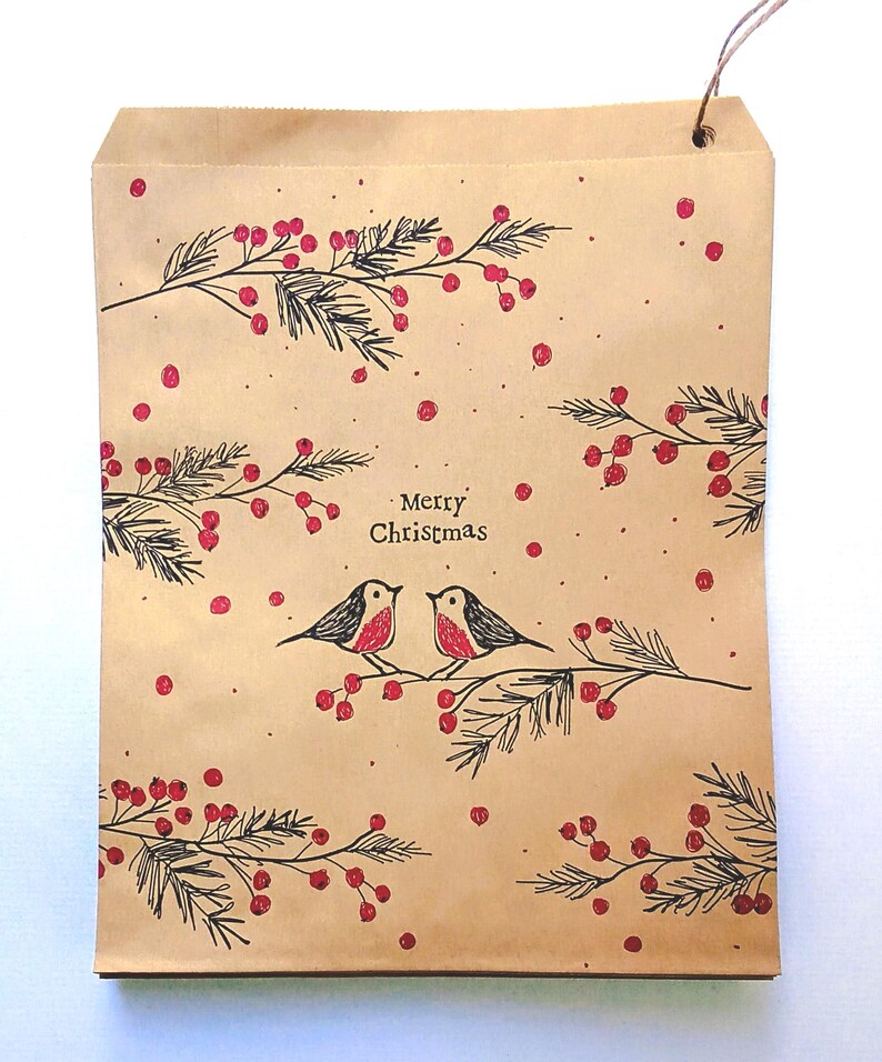 25 Kraft Paper Bags, Medium Brown Counter Bags, Birds Berries Blossom ...