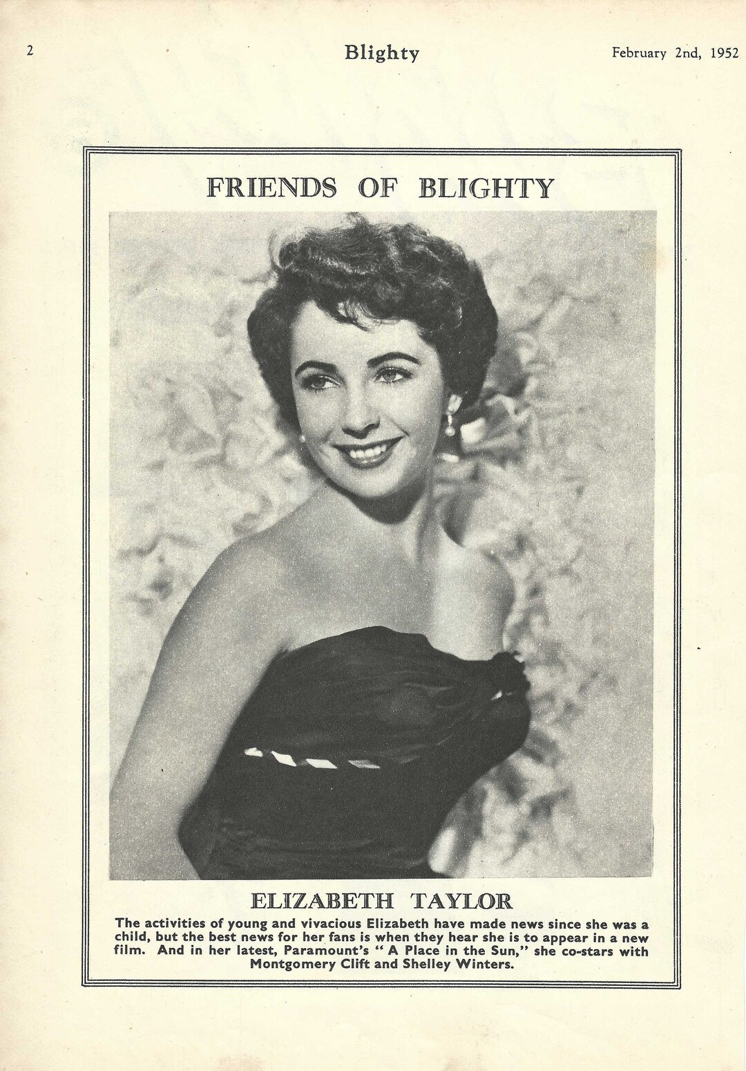 Vintage Advertisment Blighty Picture Page Elizabeth Taylor and Front ...