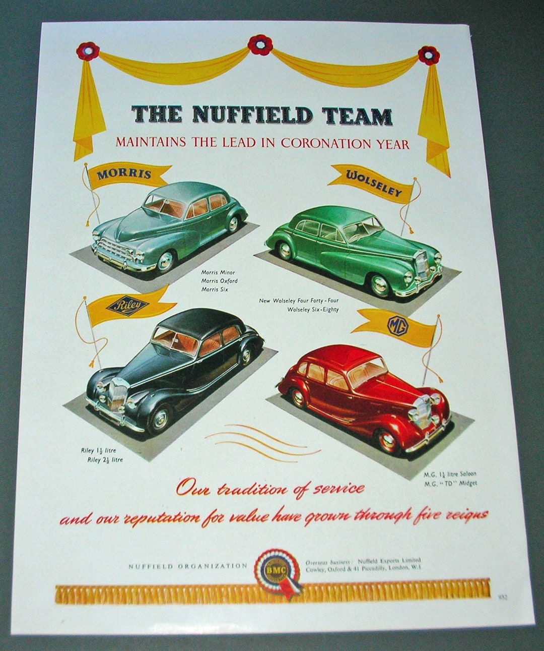 Old BMC Nuffield Cars and Lloyds Bank 2 Sided Advertisment Coronation ...