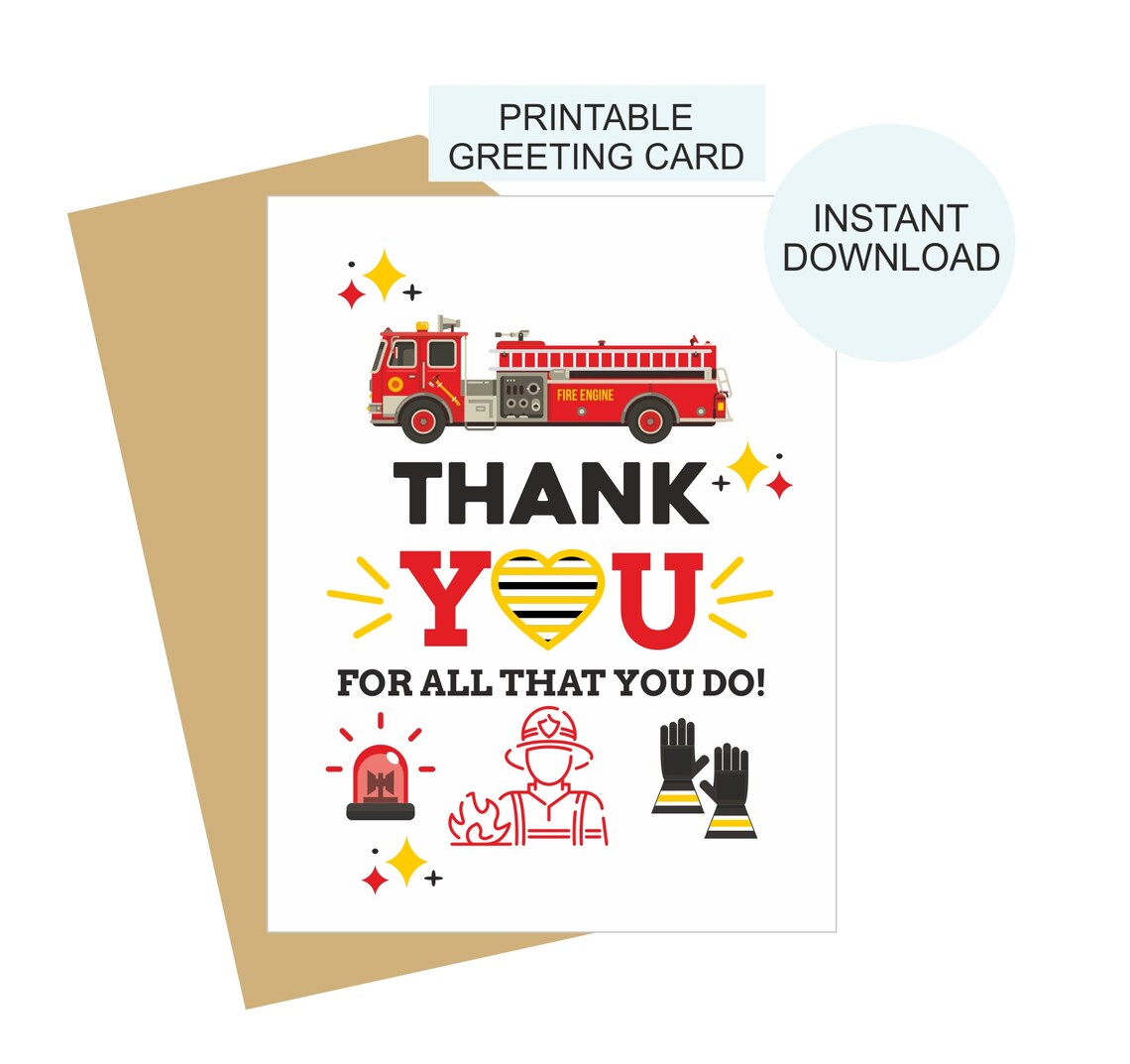Firefighter Card Printable / Firefighter Thank You Card / Firefighter ...