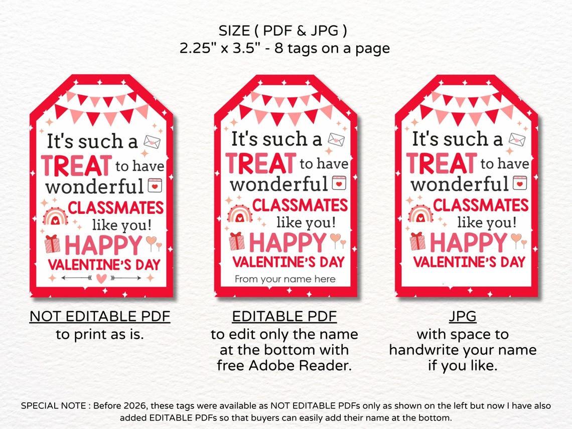 Valentine Classmate Gift Tag Printable / Valentine Classroom Treat Tag ...
