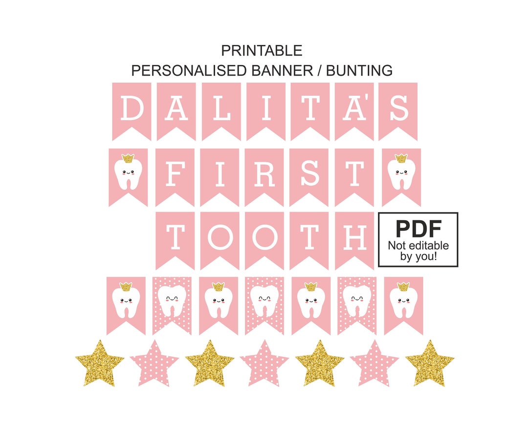 Personalised Pink First Tooth Banner Printable / Personalized First ...