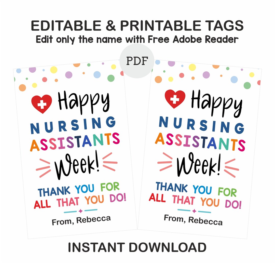 Editable Nursing Assistants Week Tags Printable / CNA Appreciation Tags ...