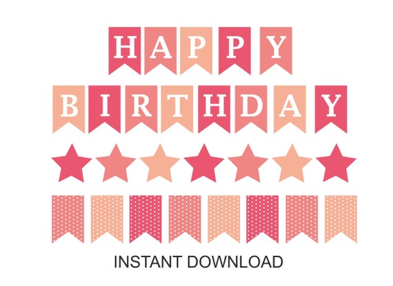 Pink Birthday Banner Printable Printable Pink Happy Birthday Etsy
