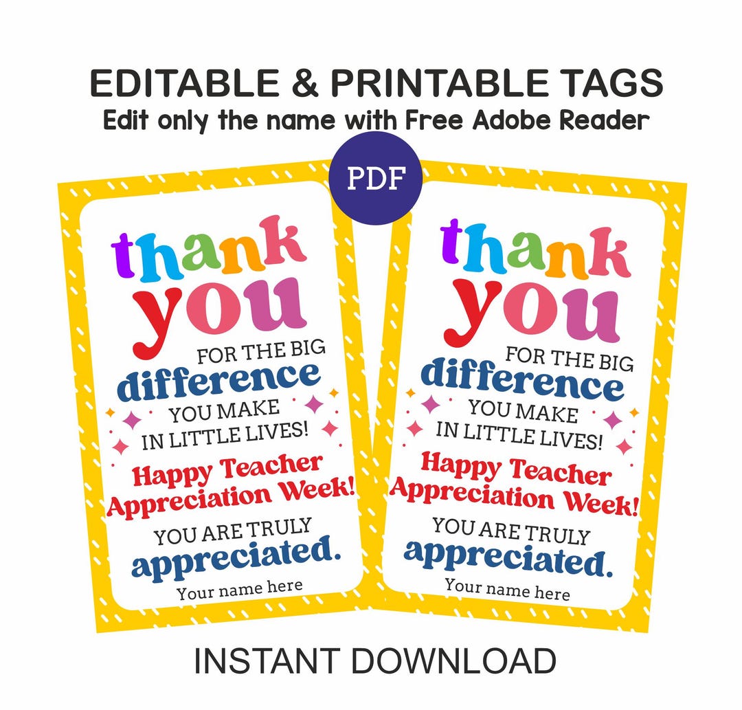 Editable Teacher Appreciation Week Tags Printable / Teacher ...