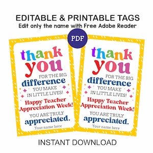 Editable Teacher Appreciation Week Tags Printable / Teacher ...