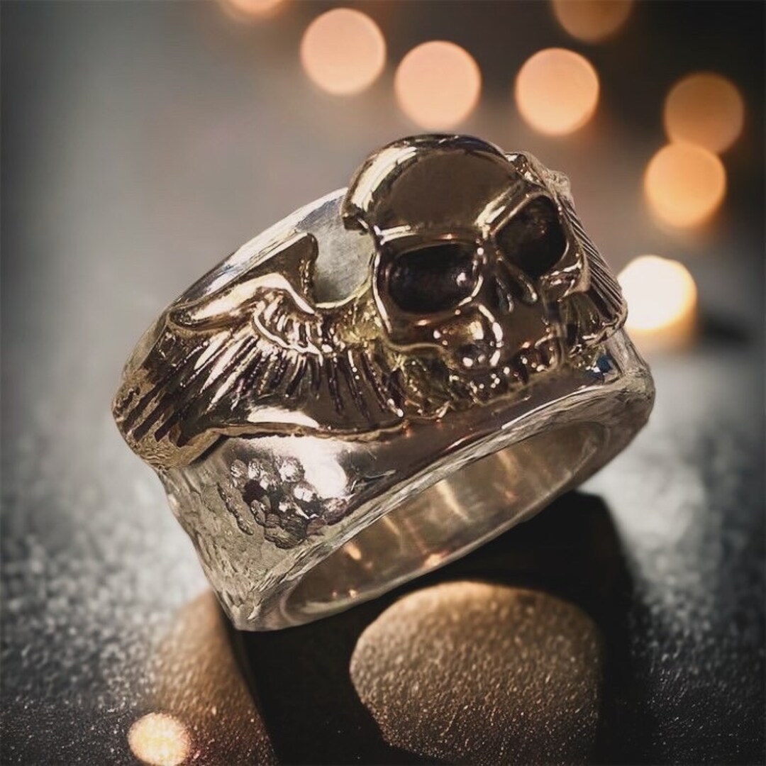 14K Gold Bastard Skull Wing on Heavy Sterling Silver Band - Etsy