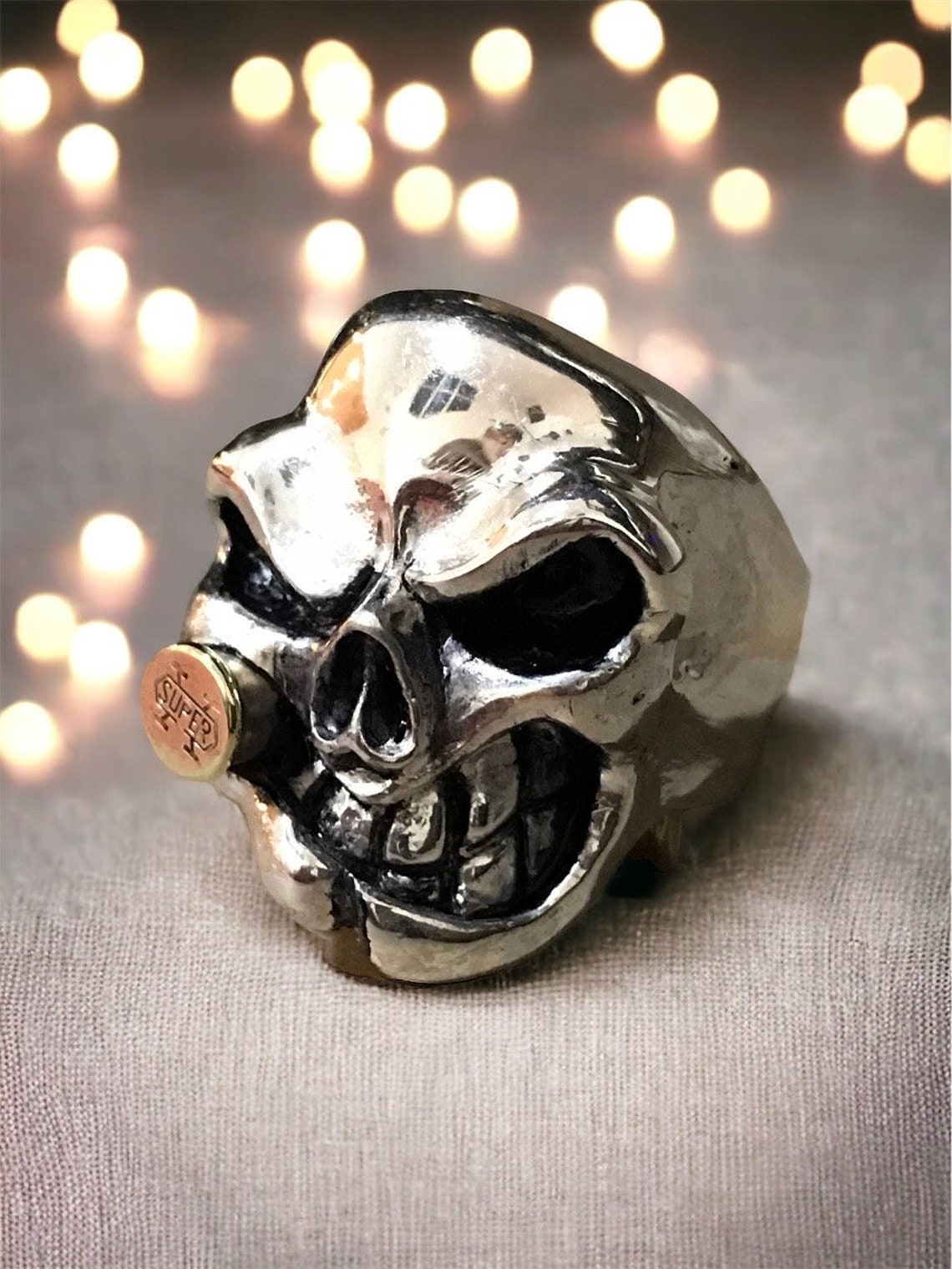 SINISTER SUPER X Sterling Silver Skull Ring Skull Ring Biker Ring Men's ...