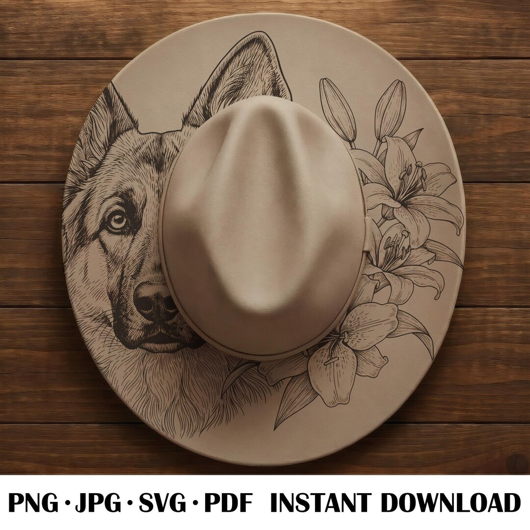 German Shepherd Lilly Flowers Wide Brim Hat, Laser Hat Burning Design ...