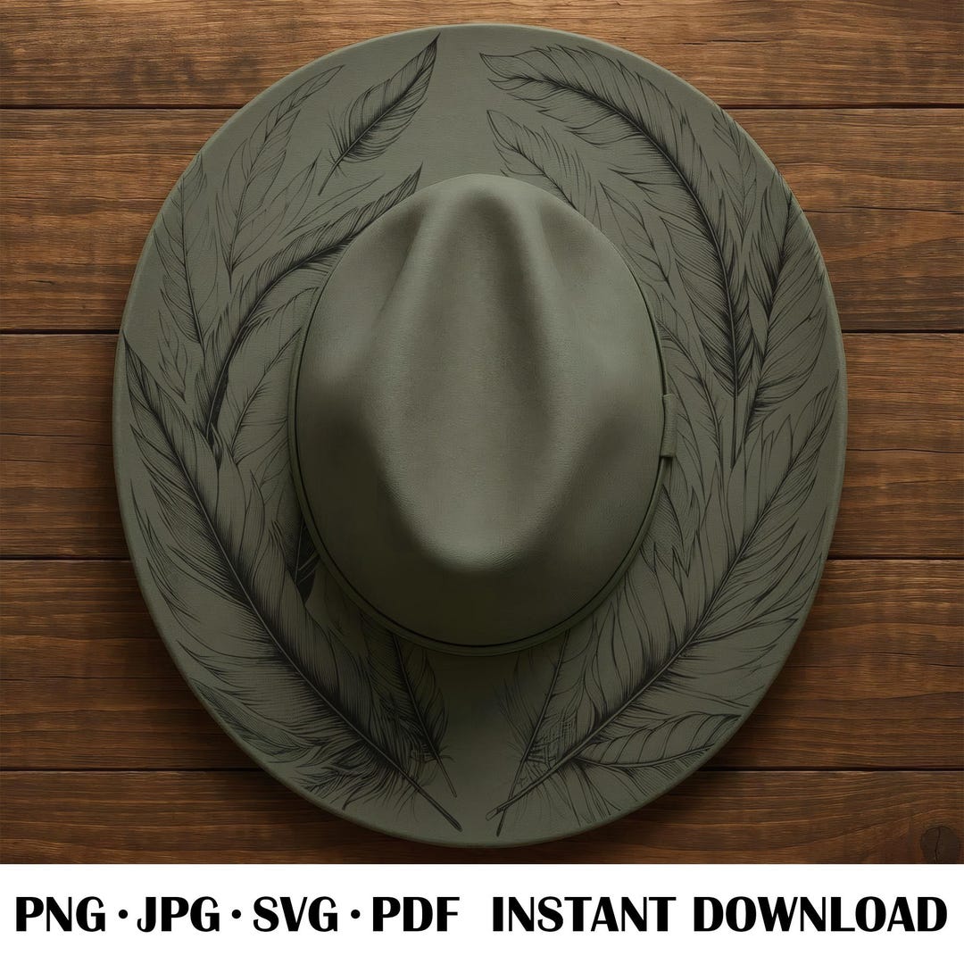 Boho Feather Design Wide Brim Hat, Laser Hat Burning Design, Digital ...