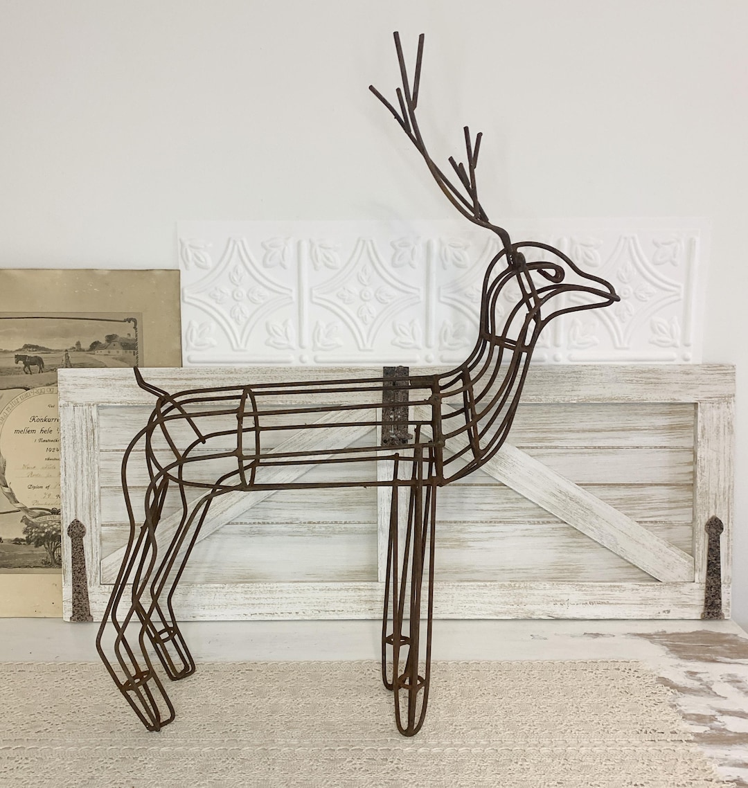 Deer Sculpture, Large Vtg Wrought Iron Wire Deer / Reindeer Sculpture ...