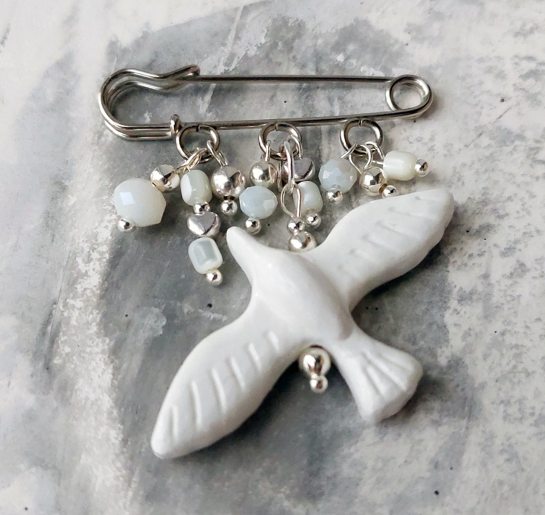 Metallic Brooch With the Ceramic Dove and Mother of Pearls, Safety Pin ...