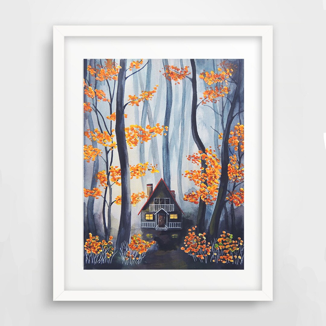 Fall Landscape Art Print, Cabin in the Woods - Etsy