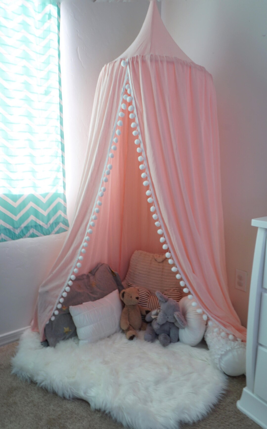 Pompom Play Canopy in Blush Pink Cotton / Hanging Tent/bed Canopy ...