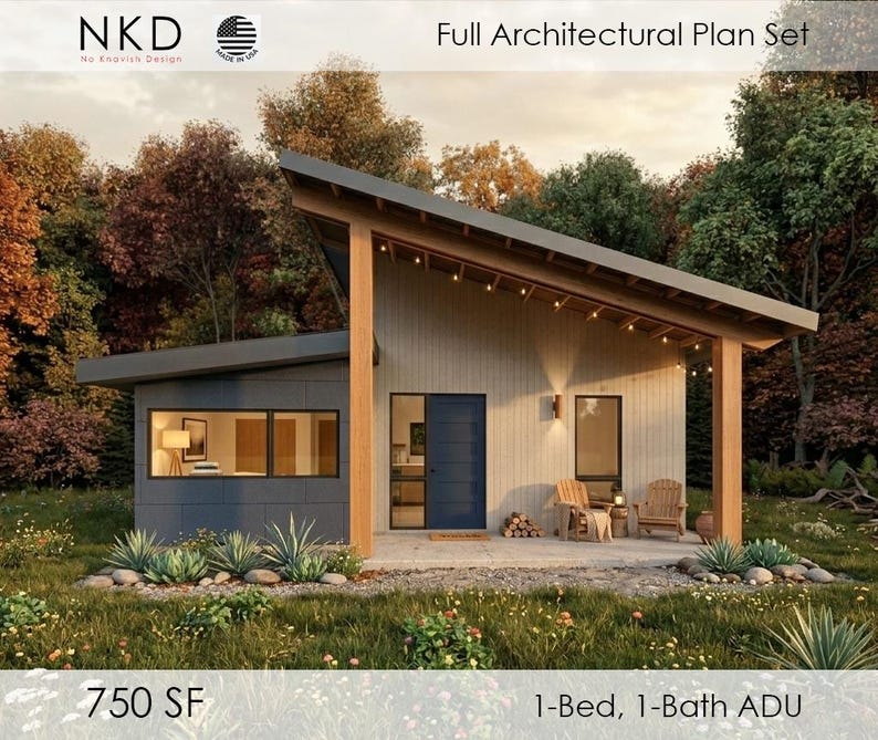 750 Sq Ft ADU House Plans (PDF) | 1 Bed 1 Bath Modern Backyard Home ...