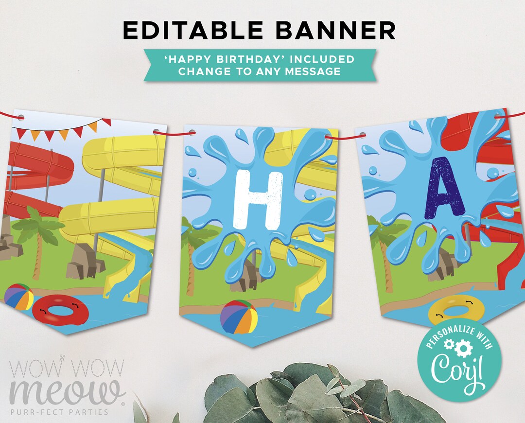 Water Park Party Birthday Banner Waterpark Swimming Pool Slide Editable ...