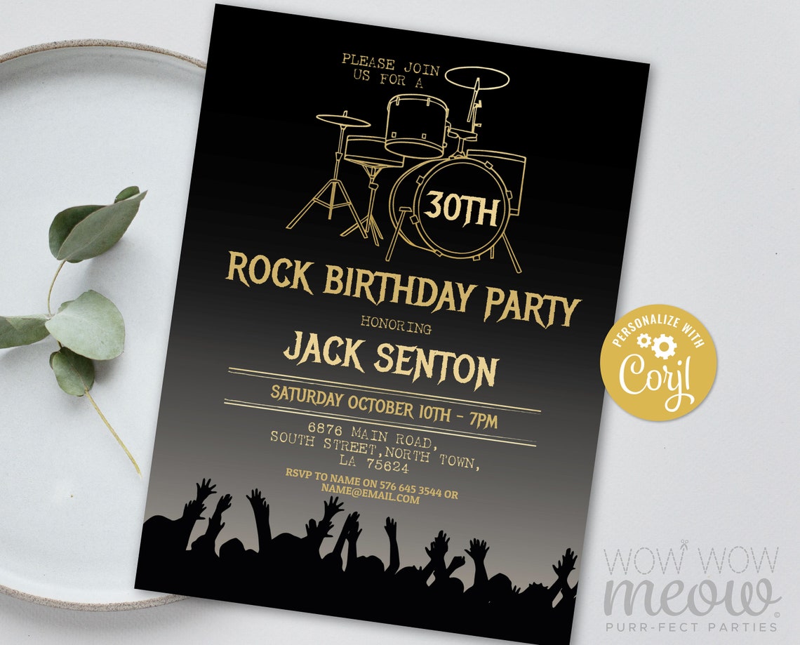 Rock Birthday Invitations N Roll Gold Party Invite Drum Kit - Etsy