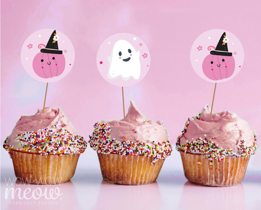 Halloween Cupcake Toppers Birthday Pink Ghosts Pumpkins Bats Girls Cute ...