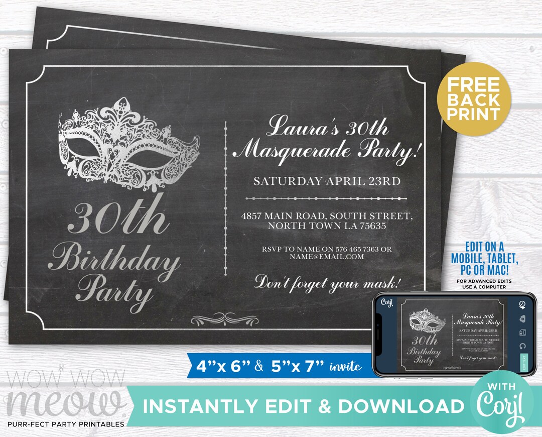 MASQUERADE Party Silver Mask Invitation Elegant Birthday Invite Chalk ...