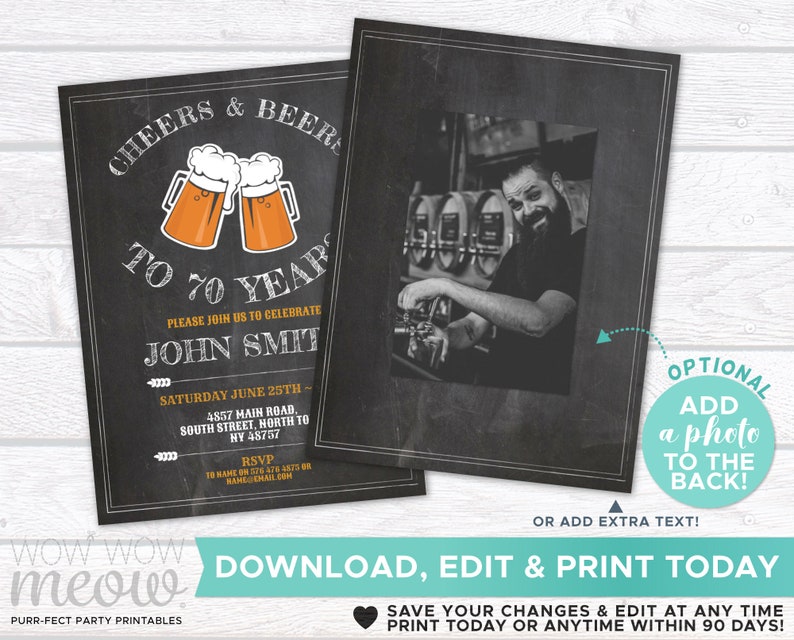 Cheers And Beers To 70 Years Invitation Chalk Birthday Invite Etsy