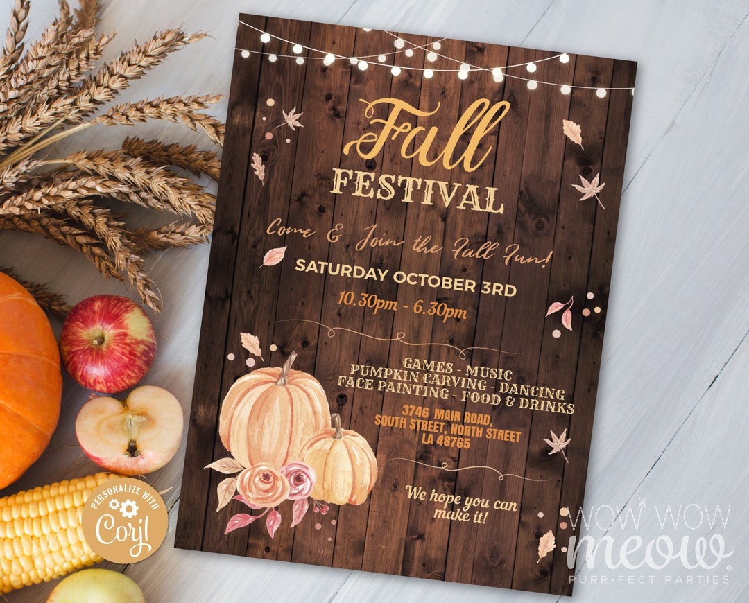 Fall Festival Invitations Pumpkins Harvest Wood Leaves Party Rustic ...