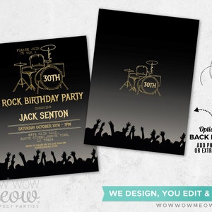 Rock Birthday Invitations N Roll Gold Party Invite Drum Kit INSTANT ...