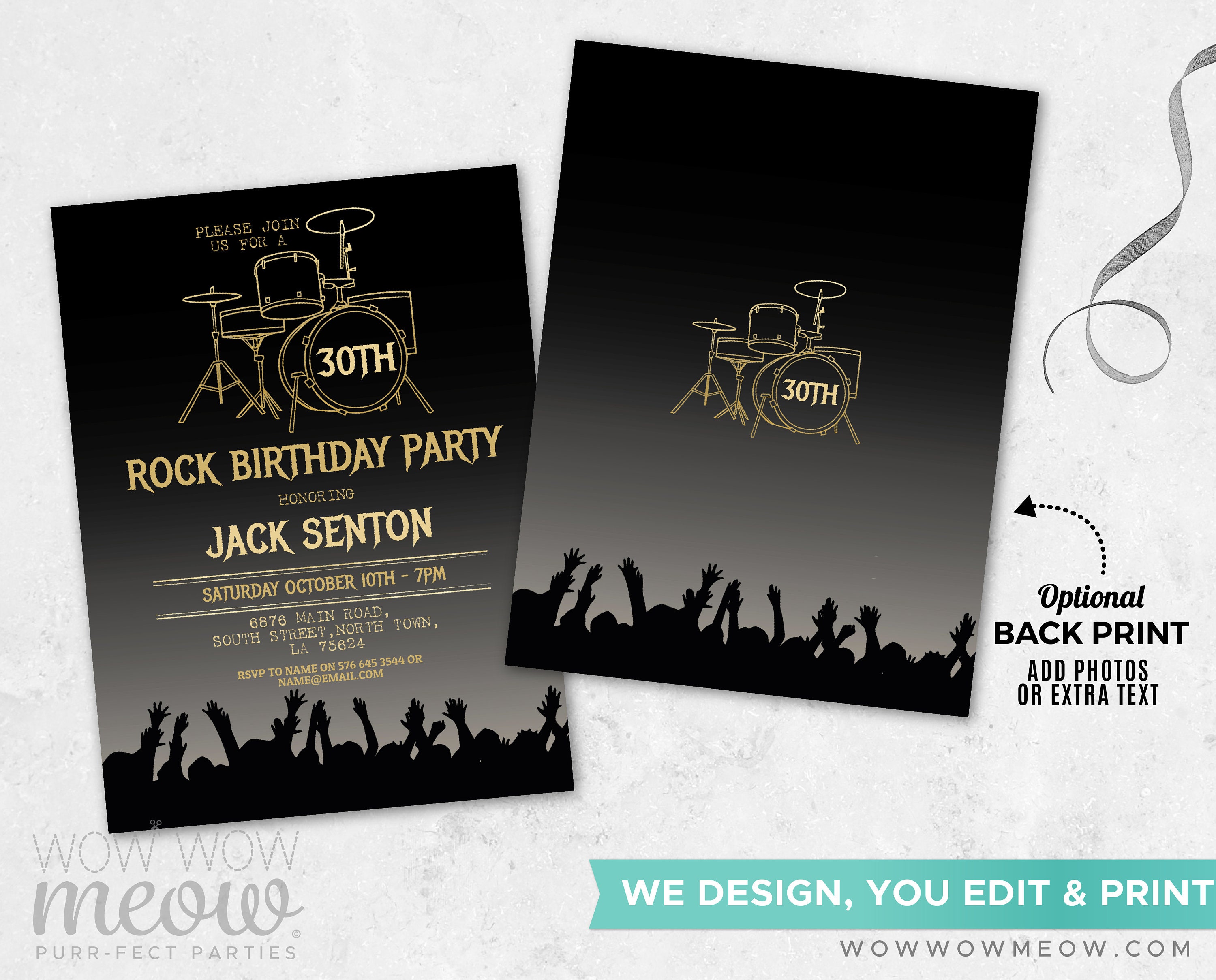 Rock Birthday Invitations N Roll Gold Party Invite Drum Kit INSTANT ...