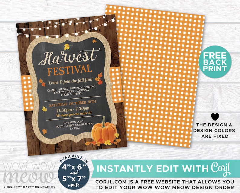 Fall Harvest Festival Invitations Party Rustic Invite Printable INSTANT ...