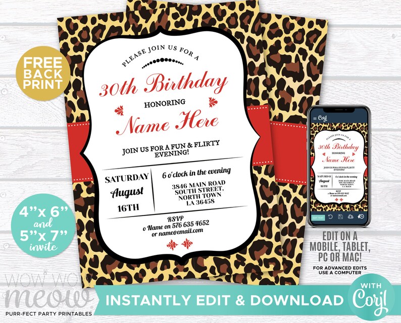 Leopard Birthday Invitations Women's 30th 40th 50th | Etsy