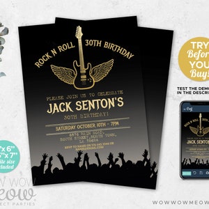 Rock Birthday Invitations N Roll Gold Party Invite Guitar INSTANT ...