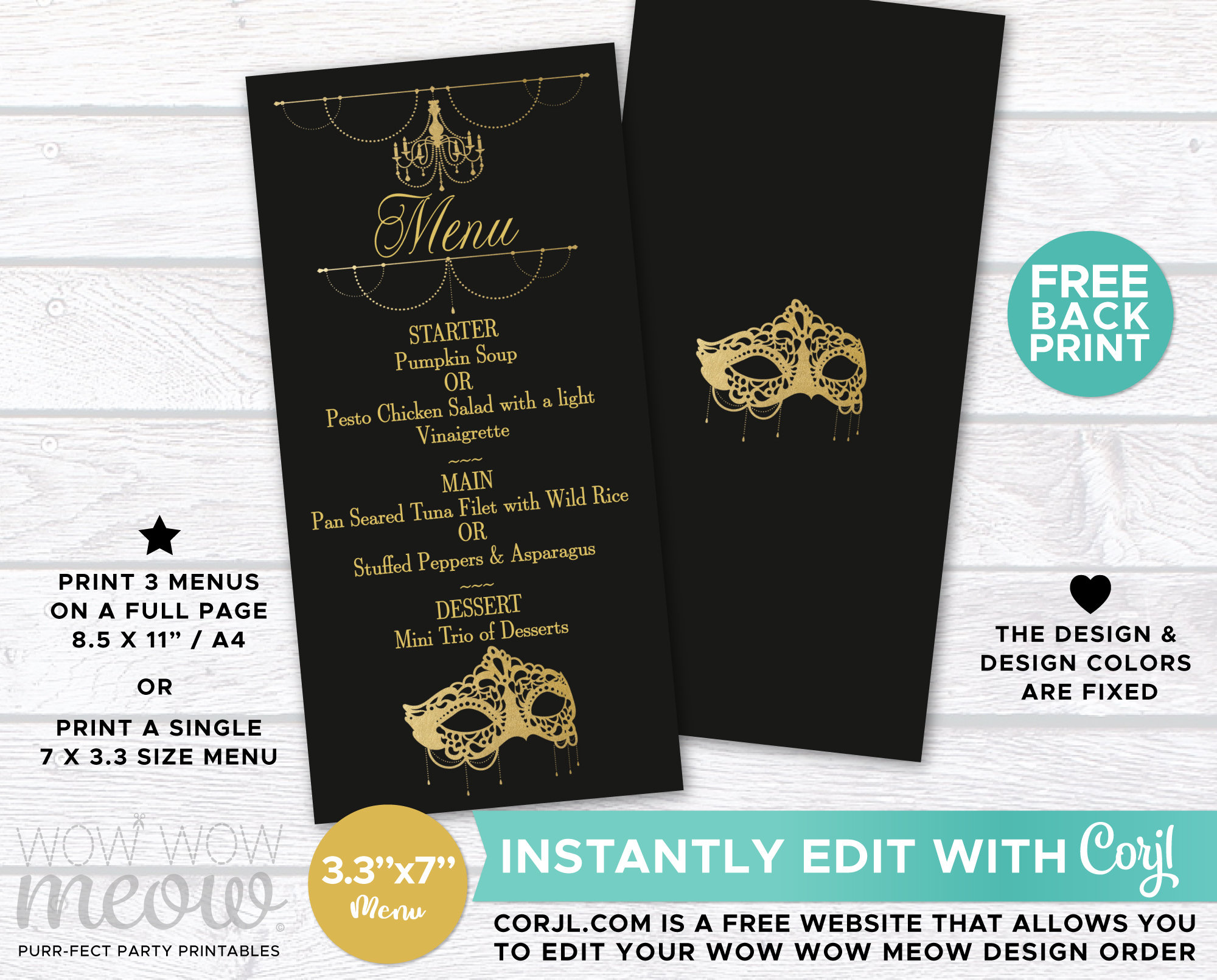 Masquerade Menu Dinner Template Wedding Gold Black INSTANT DOWNLOAD Set ...