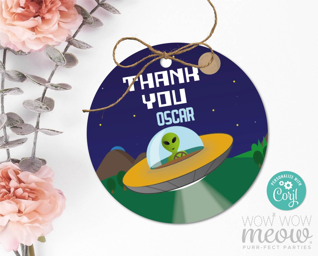 Alien Thank You Tags Birthday Party UFO Spaceship Space Invasion Gift ...