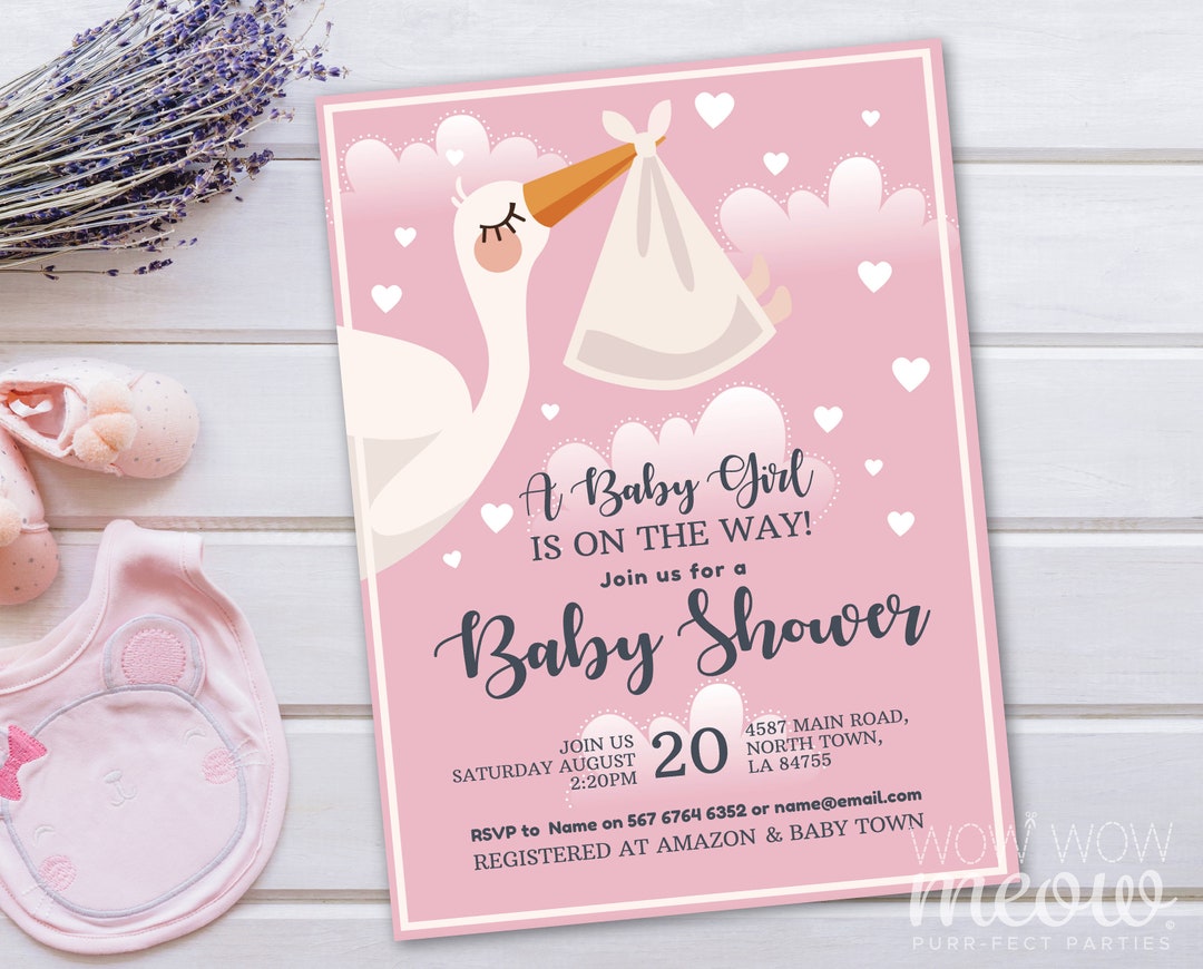 Stork Baby Shower Invitation Pink Girl Cute Clouds Boho Invites Peach ...