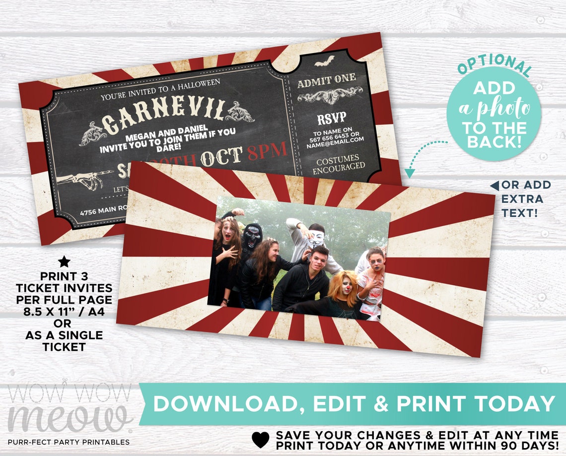 Carnevil Halloween Invitations Carnival Circus Tickets Horror | Etsy UK