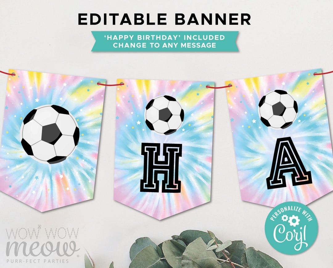 Football Tie-dye Banner Soccer Pink Girls Birthday Party Rugby Editable ...