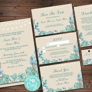 Wedding Invitations Set Template Succulents Rustic Package Printable ...