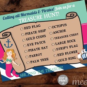 Pirate Mermaid Scavenger Hunt Treasure Map Party Check List - Etsy
