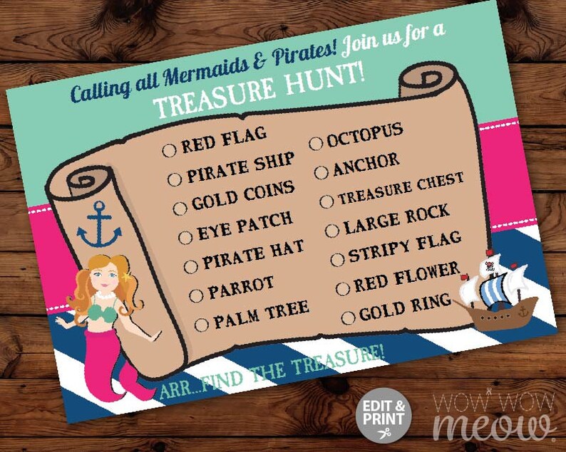 Pirate Mermaid Scavenger Hunt Treasure Map Party Check List - Etsy