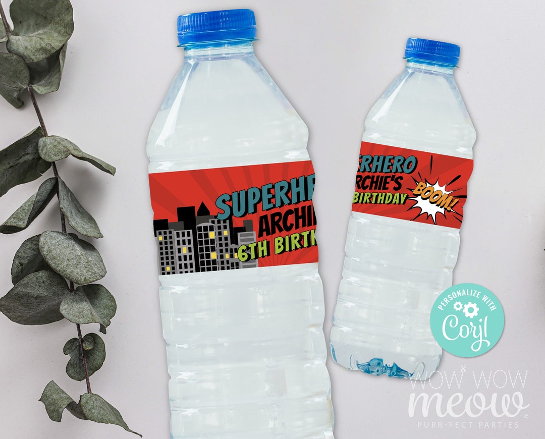 Superhero Water Bottle Labels Editable Birthday Party Gift Comic Book ...