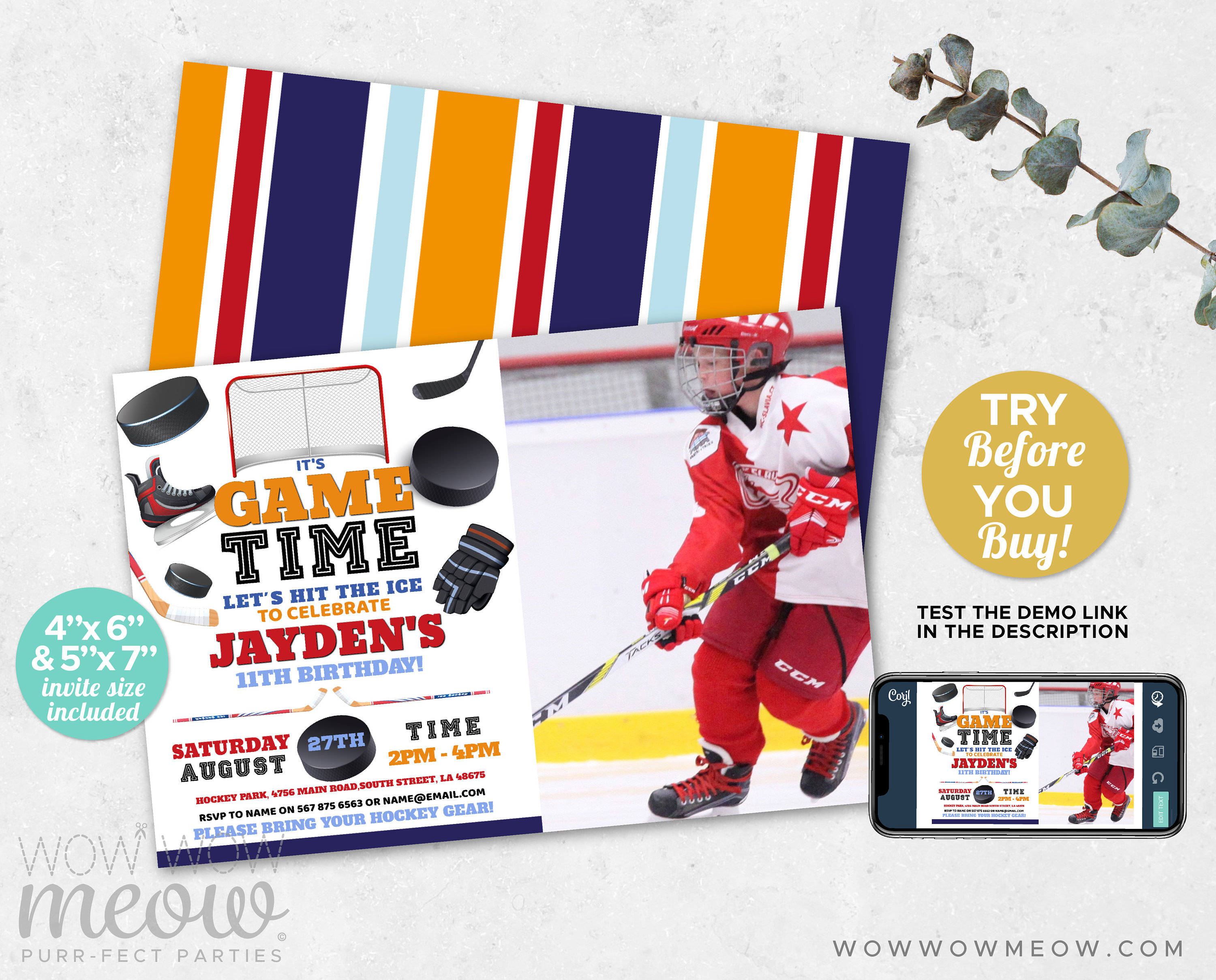 Ice Hockey Invitation Birthday Photo Invite Park Sports Rink Girls Boys ...