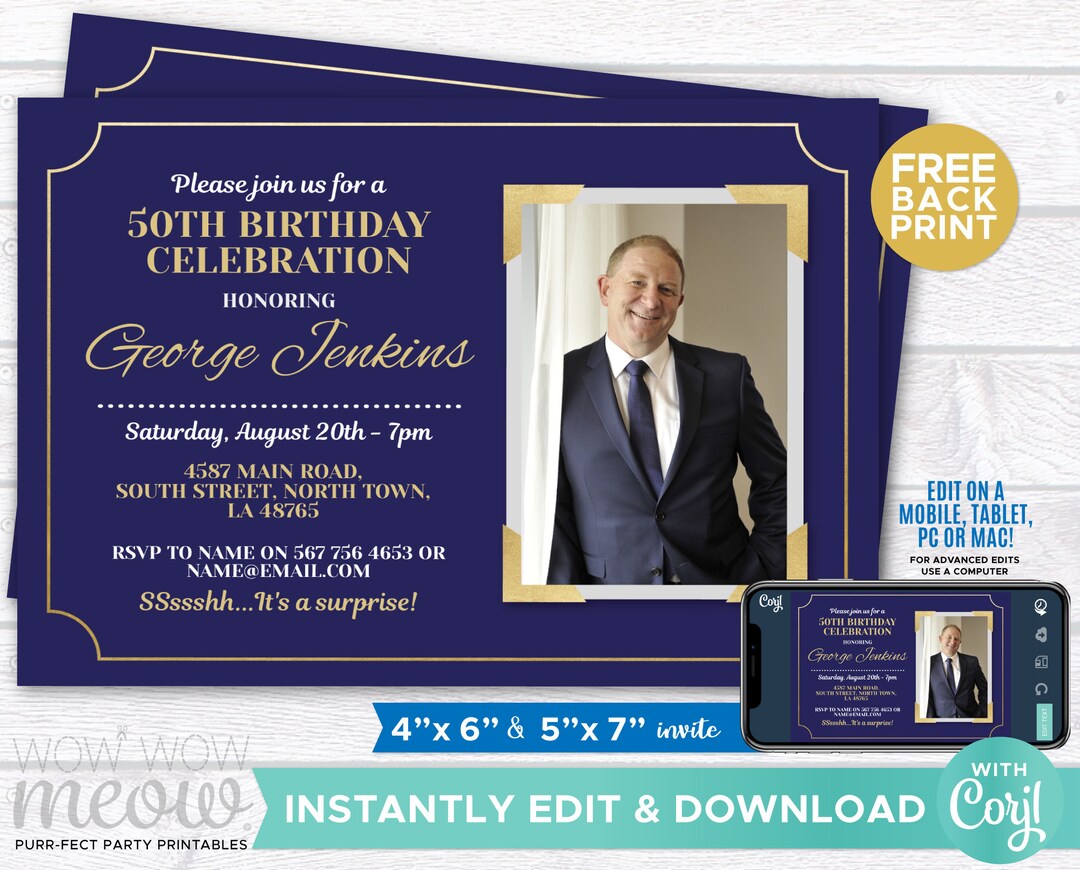 Birthday Invitation Gold Navy Frame Party Invite INSTANT DOWNLOAD Photo ...